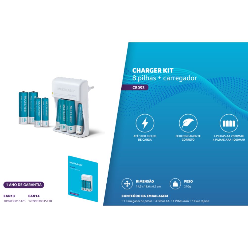 Carregador de Pilhas Aa/Aaa+ 8 Pilhas Multi - CB093 - Castro Naves