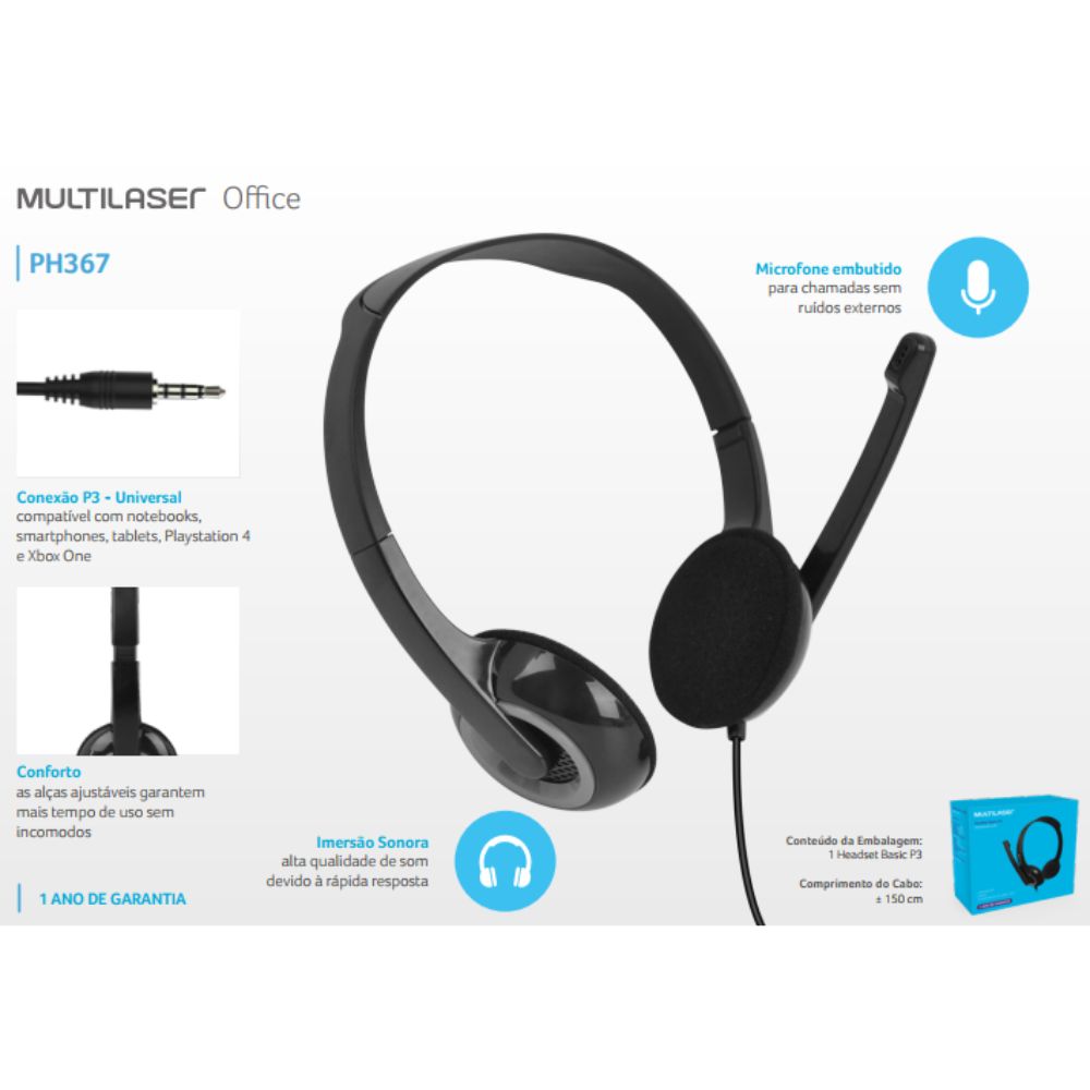 Headset Basic Conexão P3 Cabo de 150cm Cancelamento de Ruido Potência ...