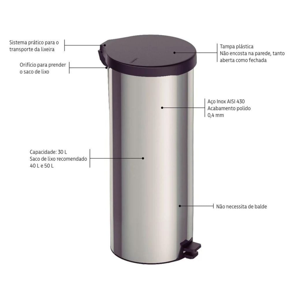 Lixeira Inox 30 Litros Redonda com Pedal e tampa plástica Tramontina ...